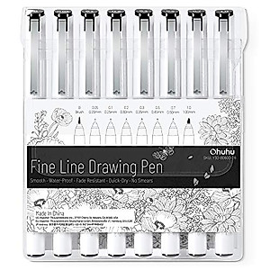 Ohuhu Fineliner Drawing Pens: 8 Sizes Fineliner Pens Pigment Black Ink Micro Pens Assorted Point Sizes Waterproof for Writing Drawing Journaling Sketching Anime Manga Watercolor Artists Beginners