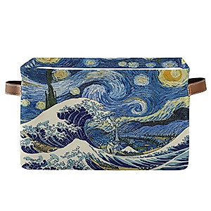Kigai Vintage Van Gogh Kanagawa Great Wave Storage Basket with Handles Collapsible Storage Bins Canvas Fabric Storage Organizer for Shelves Closet Bedroom Living Room 1Pack