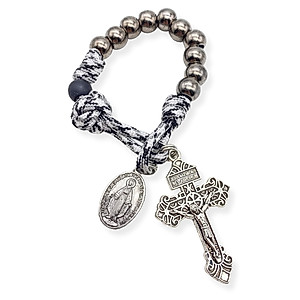 Nazareth Store One Decade Black & White Paracord Rosary Dark Silver Beads Pocket Car Rosary Protection Miraculous Medal & Jesus Crucifix