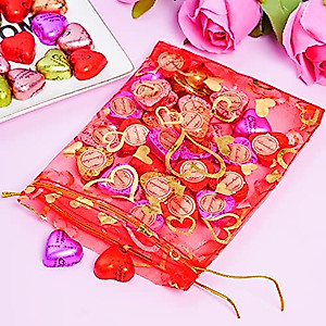 100PCS Heart Printed Organza Bags Gift Jewelry Candy Bags for Wedding Valentine's Day Mother's Day Party Christmas 5x7Inch (Red)