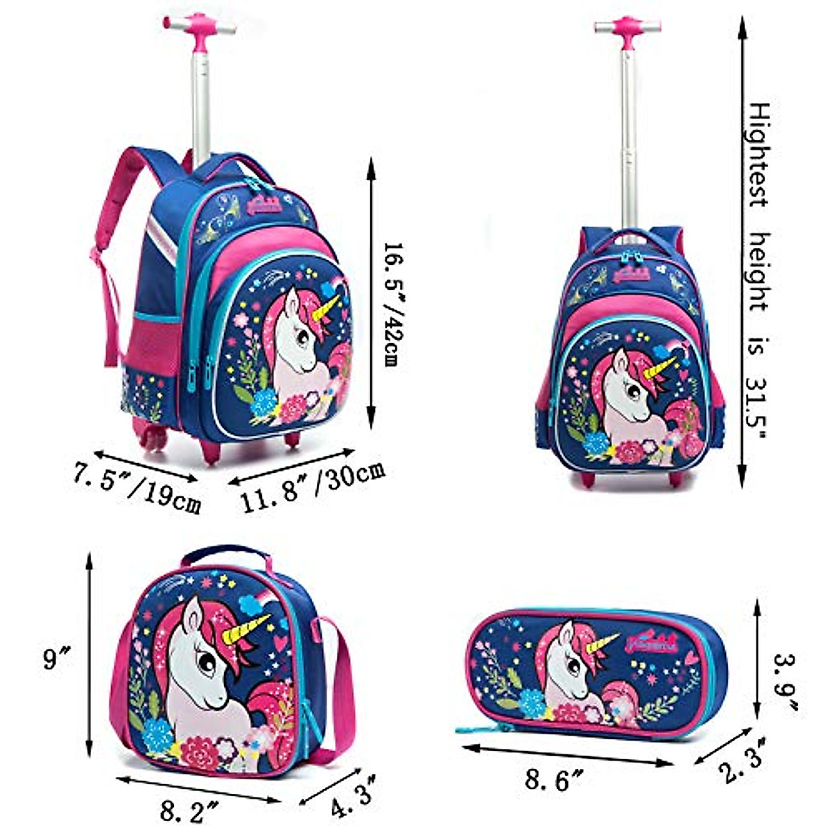 Meetbelify Girls Unicorn Rolling Backpacks Kids Backpack with Wheels for Girls School Bags with Lunch Box