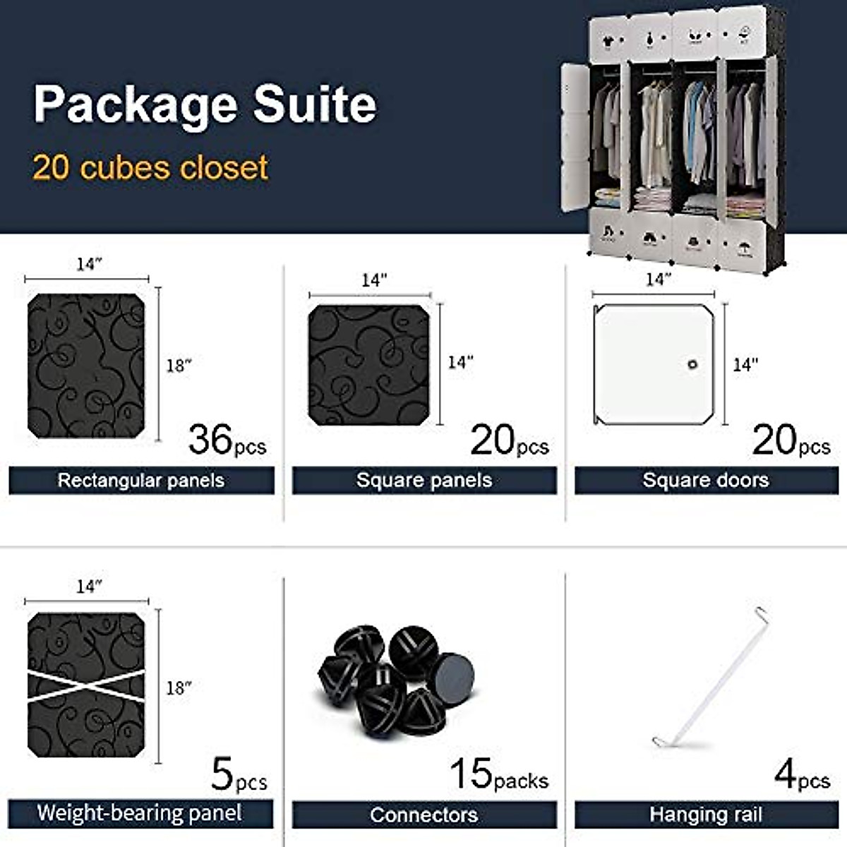 Aeitc Portable Wardrobe Closets 14"x18" Depth Cube Storage, Bedroom Armoire, Storage Organizer with Doors, 20 Cubes, Black