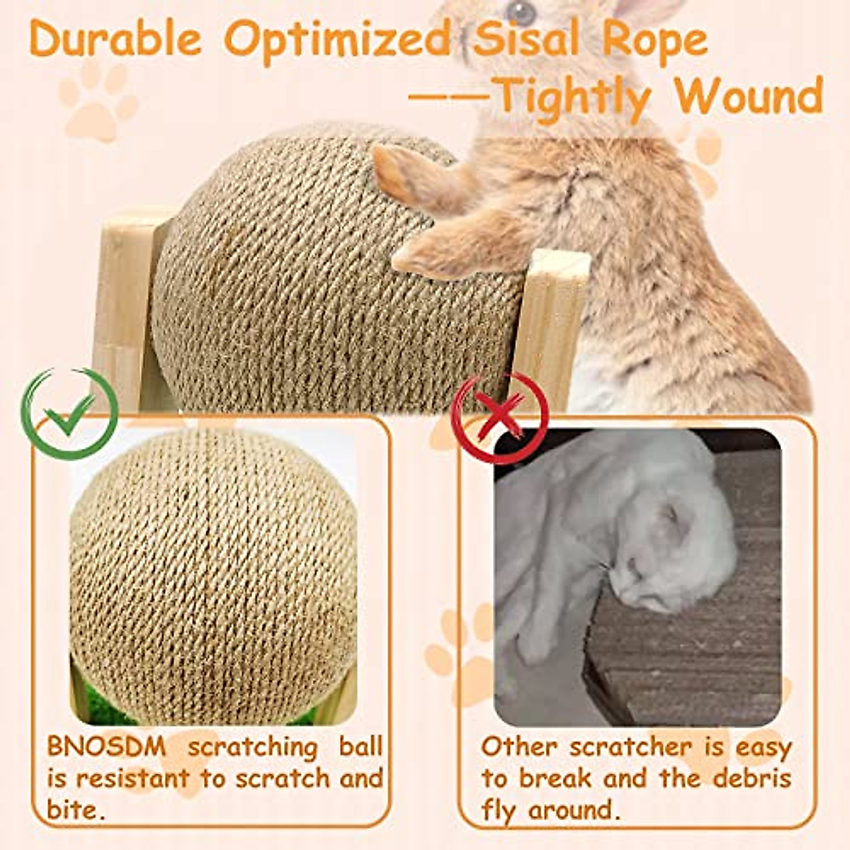 BNOSDM Rabbit Scratch Toy Natural Sisal Wood Rabbit Scratching Ball Toy Bunny Scratcher with Ball for Indoor Rabbits Bunnies Kittens Ferrets Chinchillas Small Animals (Medium)