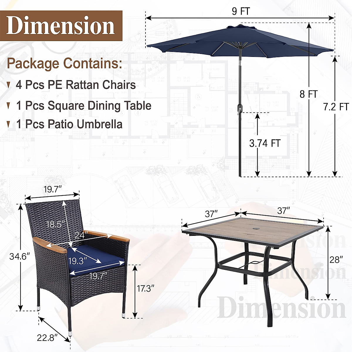 Sophia & William 5 Pieces Outdoor Furniture with 9ft Navy Patio Umbrella, Outdoor Patio Dining Set for 4 People, Square Faux Wood Patio Table and Rattan Chairs, Patio Furniture Set with Seat Cushions