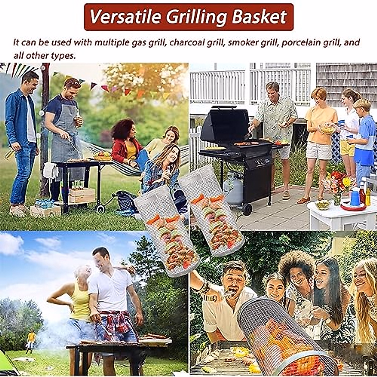 Rolling Grilling Basket-Grill Basket 2 PCS-BBQ Grill Basket, Stainless Steel Grill Mesh Barbeque Grill Accessories, Portable Grill Baskets for Outdoor Grill for Fish, Shrimp, Meat, Vegetables, Fries (3.54 x 3.54 x 11.8 inch)