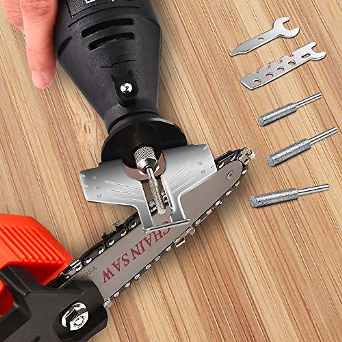 Chainsaw Sharpener Kit - GOXAWEE 140W Power Chain Saw Sharpen Tool Set, Electric Blade Sharpening File Comes with 6pcs Diamond Sharpening Wheels, Angle Guide Attachment for Lumberjack & Garden Worker