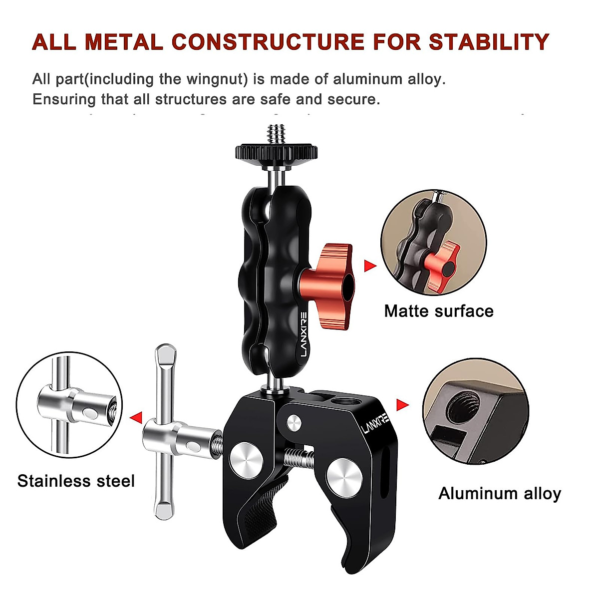 Lanxire Super Clamp Camera Mount with Double Ball Head Adapter - Compatible with Canon Nikon DSLR, Gopro, LED Lights, Ronin-M/MX, Freefly MOVI - 360° Rotation - 1/4"-20 & 3/8"-16 Threaded Holes
