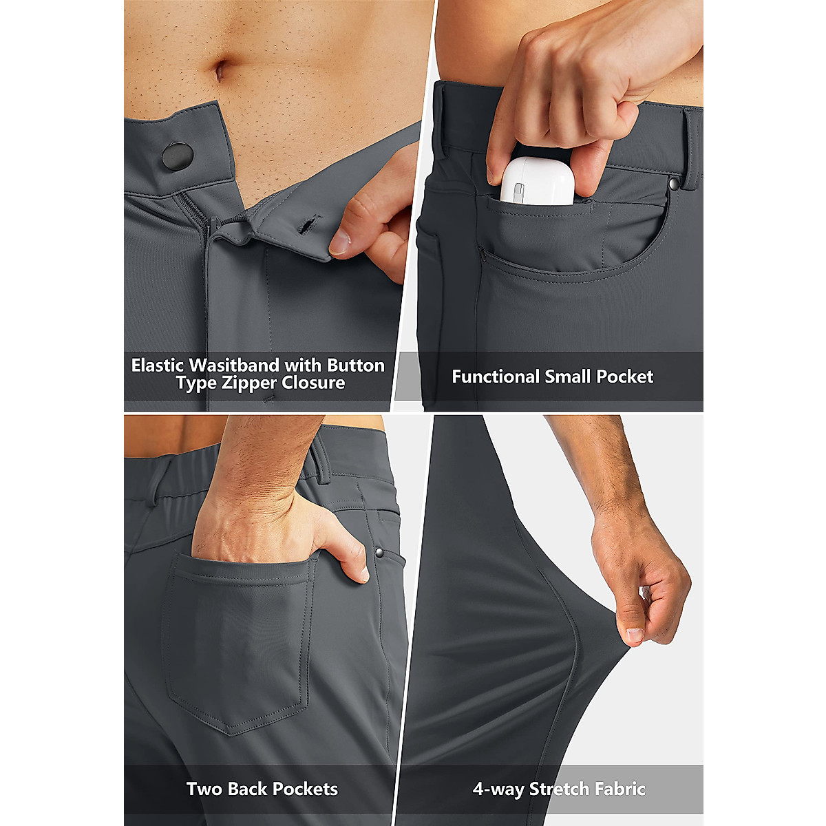 Men's Stretch Golf Pants with 6 Pockets Slim Fit Dress Pants for Men Travel Casual Work (Ink Grey, L)