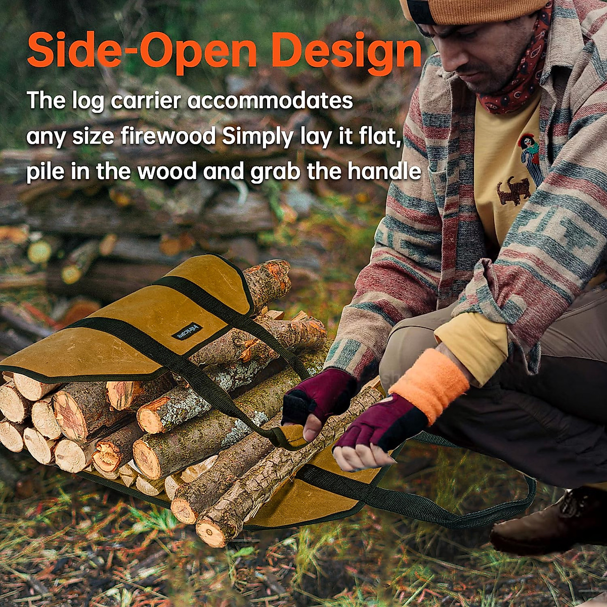 Infinicare Firewood Carrier with Handles - 2pcs Heavy Duty Canvas Firewood Bag with Handles | Durable Wood Carrier for Firewood | Suitable for Indoor Fireplace and Outdoor Camping - Brown & Black