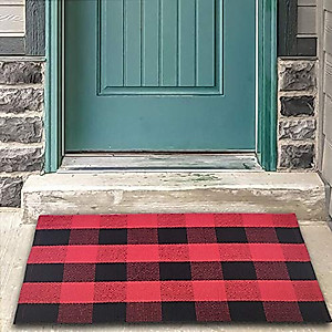 Farmhouse Cotton Buffalo Checkered Rug-2' x 3' Plaid Rug Door Mat for Entry Way Washable Doormat Bedroom Carpet Black and White Welcome Mat for Doorway/Laundry Room/Kitchen (23.6"x35.4", Red Stripe)