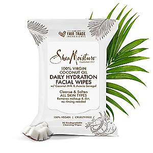 Shea Moisture 100 Percent Virgin Coconut Oil Daily Hydration Face Wipes, Coconut Milk Makeup Remover Wipes, Acacia Senegal Facial Wipes, Unisex Face Cleansing Wipes, 30 Count