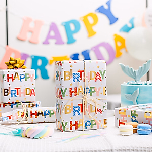 Merture Colorful Wrapping Paper Roll, Happy Birthday Gift Wrap - 17 In X 32.8 Ft - 1 Roll (46.5 sq.ft.ttl.) Foil Happy Birthday Lettering & Candles Wrapping Paper for Birthday, Baby Shower, Party