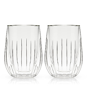 Viski Insulated Double Walled Wine Set with Cut Crystal Design-Dishwasher Safe Borosilicate Glass 13oz Set of 2, Clear
