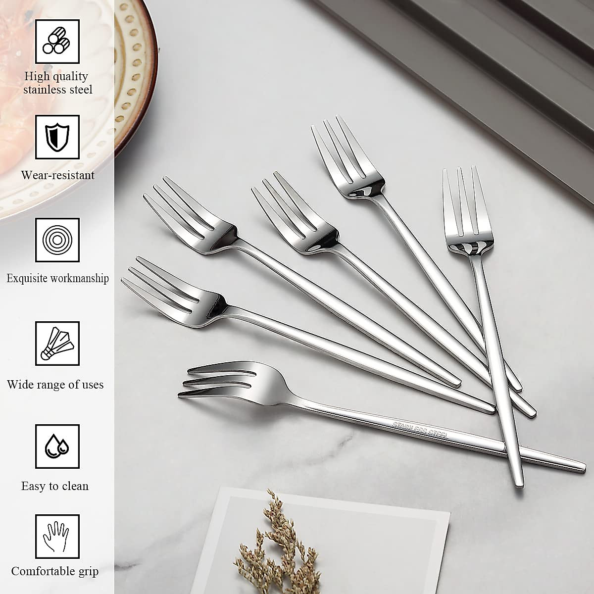 Evanda Dessert Forks Set of 6 Pack 6.3"/16.5cm, Stainless Steel Pastry Fork, Family Appetizer Fork for Fruit, Cake, Cheese, Party Trips, Cafes, Restaurants, Easy To Clean, Dishwasher Safe