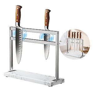 HomeSimplex Magnetic Knife Holder Block Stand - Magnetic Knife Stand for Counter Top - Double Sided Magnetic Knife Block - Stainless Steel Kitchen Knife Storage Rack - Marble Base, White