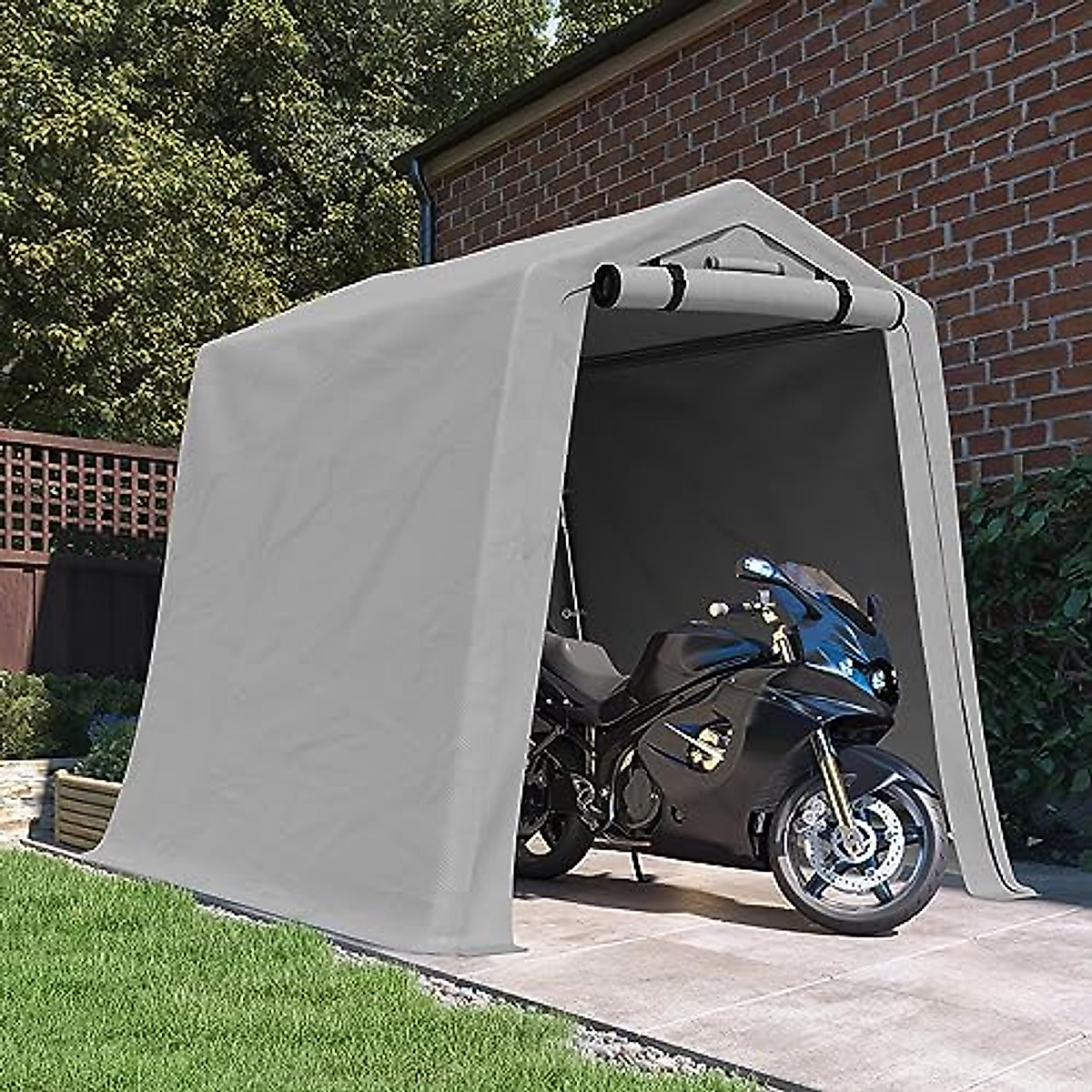 Devoko Storage Shed 6 x 6 x 7 FT Outdoor Portable Storage Bike Shed Waterproof Carport with Roll-up Zipper Door and Ventilated Windows for Bike, Motorcycle, and Gardening Tools (Grey)