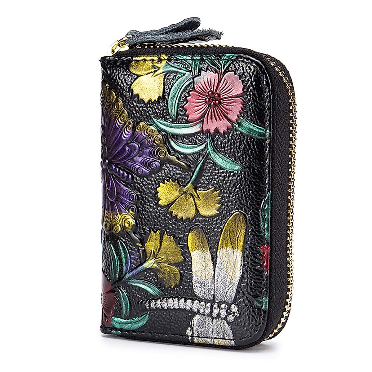 Womens Walllet RFID Blocking Leather Credit Card Wallet Flower Retro Coin Purse Zipper Pockets Card Case Holder (Dragonfly,One Size)
