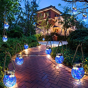 ZQX Outdoor Hanging Solar Lights,2 Pack 30 LED Solar Cracked Glass Ball Lanterns with Handle,Waterproof Solar Decorative Lights for Garden Patio Yard Christmas Wedding Party Decor(Warm White)