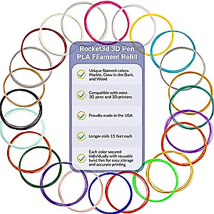 Rocket3d 3D Printer/Pen Filament Sample Bag, 1.75mm Made in The USA, 24 Exclusive Colors, (Includes Wood and Marble PLA), Each Color is 15 Feet, 360 Total Feet Included