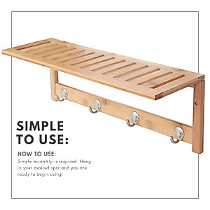 ToiletTree Products 100% Bamboo Wooden Natural Shelf with 4 Stainless Steel Hooks
