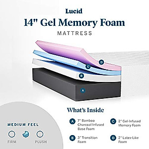 Lucid 14 Inch Twin XL Mattress – Medium Memory Foam Mattress – Bamboo Charcoal Foam – Gel Infused – Hypoallergenic Foam Mattress – Bed-In-A-Box- CertiPUR-US Certified, White
