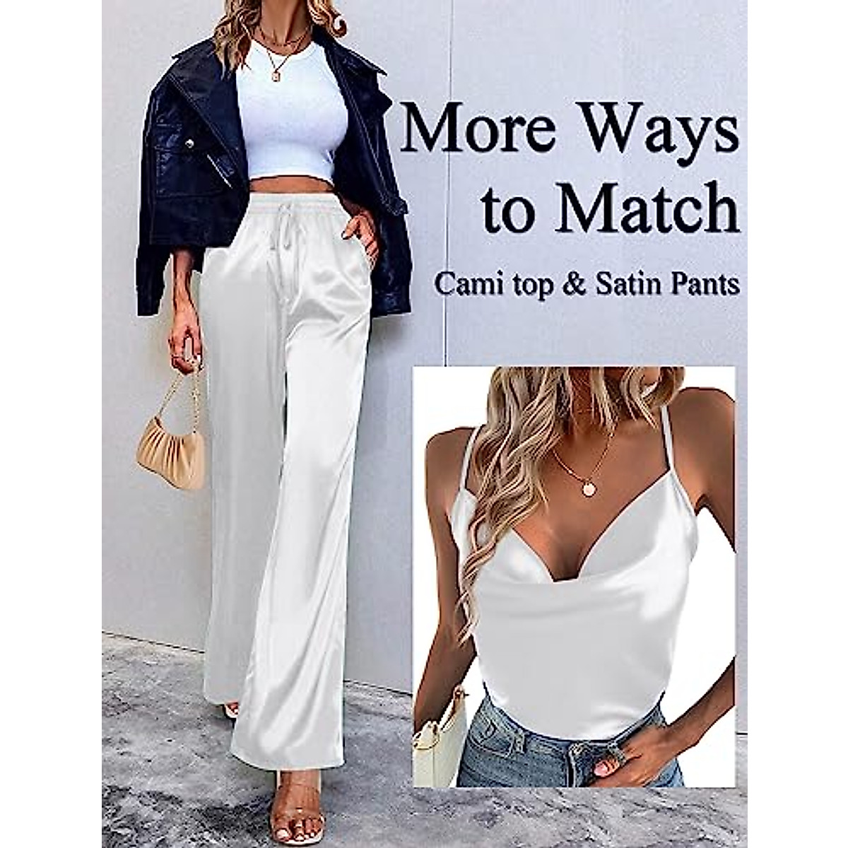 Ekouaer Satin Pjs for Women Set Comfy Cami Lounge Set Cowl Neck Silk Top Wide Leg Long Pants Set Summer Outfits White,Small