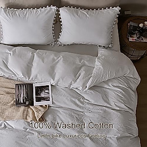 PHF 100% Washed Cotton Duvet Cover Queen Size, Ultra Soft Cotton Pom Pom Linen Like Duvet Cover Set, 3pcs Breathable Durable Duvet Cover with Pillowcases for All Seasons, 90"x90", White