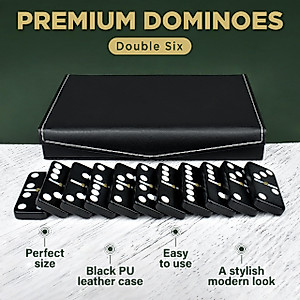 Dominos Set for Adults and Kids - Dominoes - Domino Classic Board Games, Christmas Games – Double Six Standard Dominos Set 28 Tiles with Black Leather Case - Juegos de Mesa (Black Leather Case)