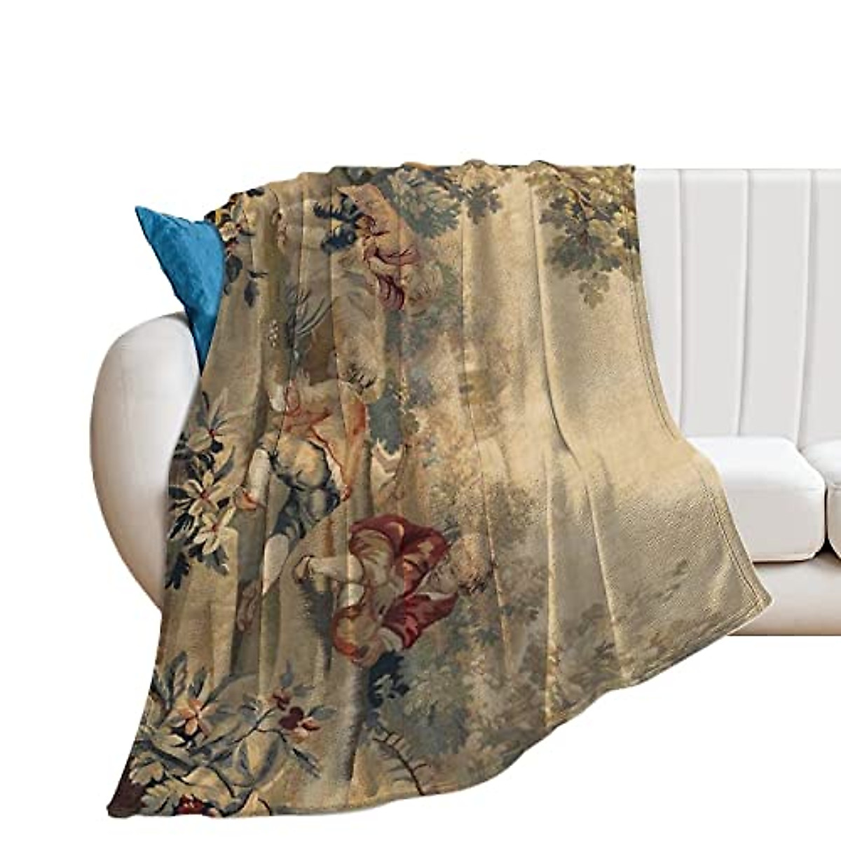 Aubusson Antique French Tapestry Print Flannel Fleece Throw Blankets 50"X40" Lightweight Fluffy Winter Fall Blanket Cozy Soft Fuzzy Plush Home Decor for Couch Bed Sofa Bedroom Living Room Travel