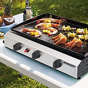 ADREAK 25.6 Inch 3 Burner BBQ Gas Grill Griddle, Stainless Steel Portable Detachable 30,000 BTU Table Top Propane Grill, Patio Garden Barbecue Grill with Two Side Table for Outdoor Cooking Camping or Tailgating (Only Griddle)