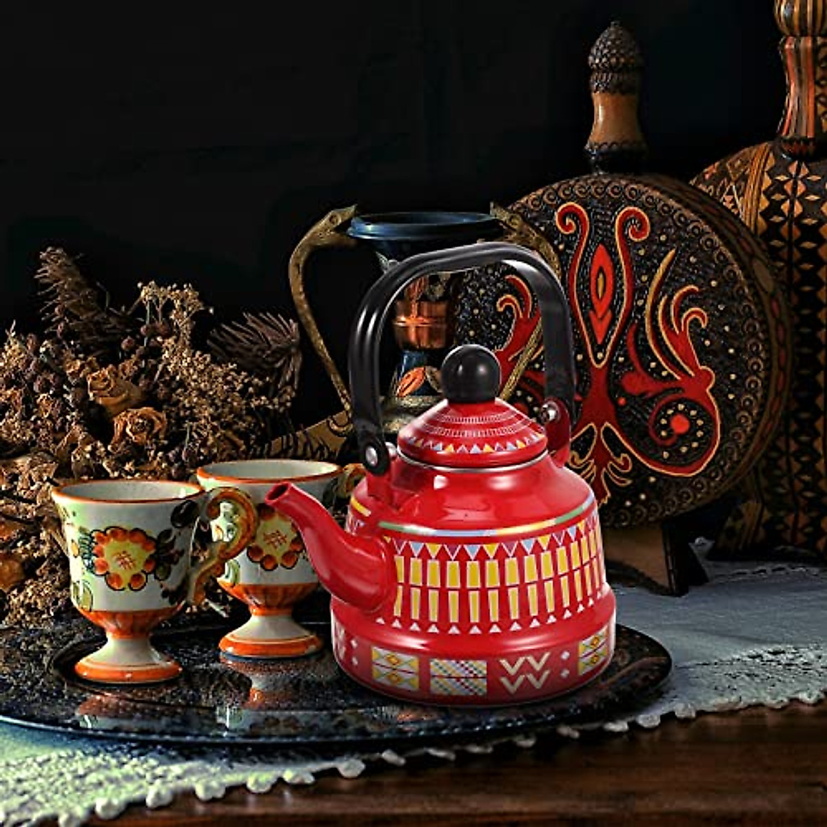 MAXBUS Enamel Tea Kettle Enamel Teapot Hot Water Kettle Pot Stovetop Safe Teapot with Handle Water Heating Pot Coffee Kettle for Stovetop Induction Cooker Red (Color : Red)