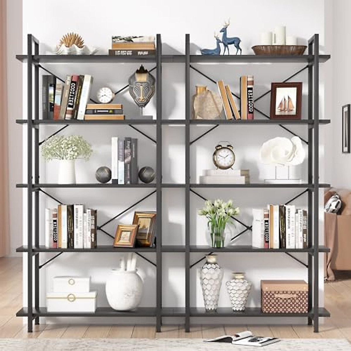 Tribesigns 5 Tier Black Bookshelf, Modern Etagere Bookcase with Metal Frame, Tall Book Shelf Unit for Living Room, Study, Home Office (2, Black)