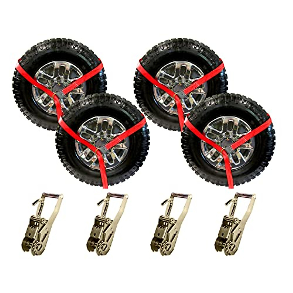 Reinforced Tie Down Lasso Straps 2" x 8 FT | Red | 2" Ratchets with Finger J Hooks | (Pack of Four) Car Hauler, Flatbed, Tow Truck, Professional Quality/Use