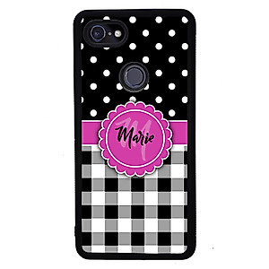 Black White Pink Plaid and Polka Dots Personalized Black Rubber Phone Case Compatible With Google Pixel 8 Pro, 8a, 8, 7a, 7, Pixel 7 Pro, 6a, Pixel 6 Pro, 6, 5, 4a 5G, 4a 4G, 4, 4 XL, 3a