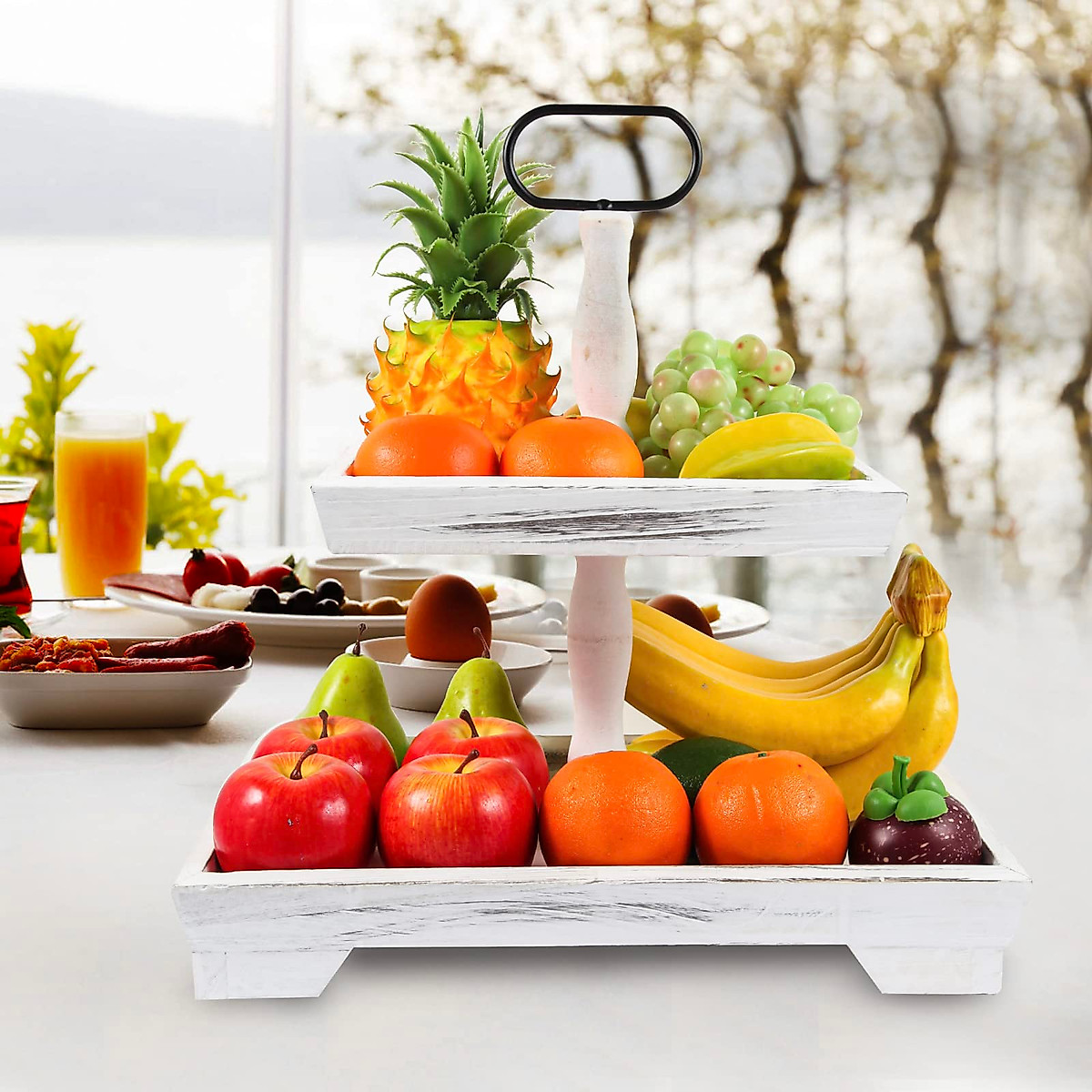 CRAZYMOTO Wood 2-Tier Rustic Tray, Farmhouse Tiered Tray Stand, Rectangular Tray for Cakes, Desserts, Fruits, Snack, Candy, 16x12x17 inches, 4 lbs, White