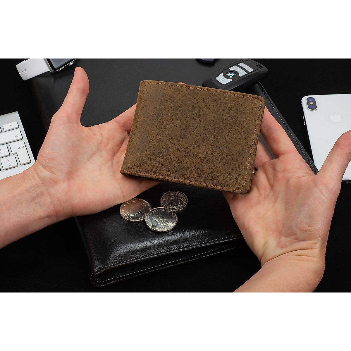 DiLoro Italy Full Size Mens Leather Wallet Bifold Flip ID Zip Coin Wallets with RFID Protection (Dark Hunter Brown With ID)