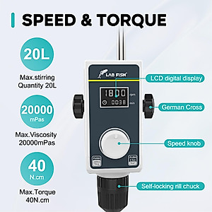LAB FISH Overhead Stirrer Lab Stirrer | Stirring Rod and Stainless Steel Stand | Mixer Adjustable Speed 100-1500RPM Capacity 20L 20000 mPas Timing 1min-24h AC 100-240V 50W