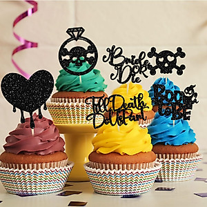 Gyufise 24Pcs Halloween Bachelorette Cupcake Topper Glitter Boo To Be Ring Bride Or Die Cake Toppers Skull Heart Blood Glitter Food Picks for Horror Ghost Engagement Party Decorations Black