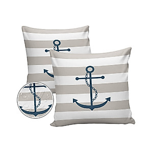 Outdoor Waterproof Pillow Covers for Patio Blue Nautical Anchor Chain Decorative Throw Pillow Cover Beige White Stripes Pillowcases Set of 2 Cushion Case for Sofa Couch Chair Home Decor 20x20 inch
