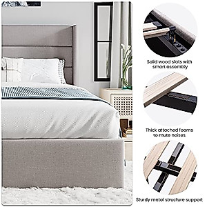 SHA CERLIN Queen Size Lift Up Storage Bed/Modern Wingback Headboard/Upholstered Platform Bed Frame/Hydraulic Storage/No Box Spring Needed/Wood Slats Support/Light Beige