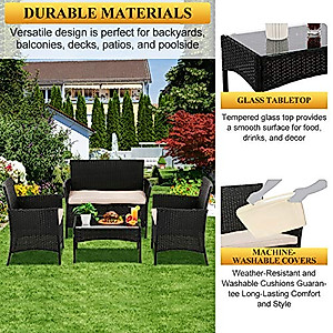 4 Pieces Rattan Furniture, Wicker Conversation Set Patio Set Outdoor Patio Furniture Sets Poolside Lawn Chairs Garden Furniture for Outdoor Balcony Poolside Porch, Black