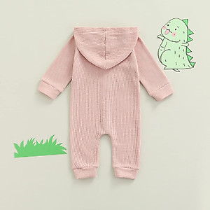 NANYKNIGHTY Toddler Baby Boy Girl Romper Unisex Infant Clothes Waffle Fabric Solid Long Sleeve Buttons Hooded Jumpsuit One-piece (Pink, 6-12 Months)