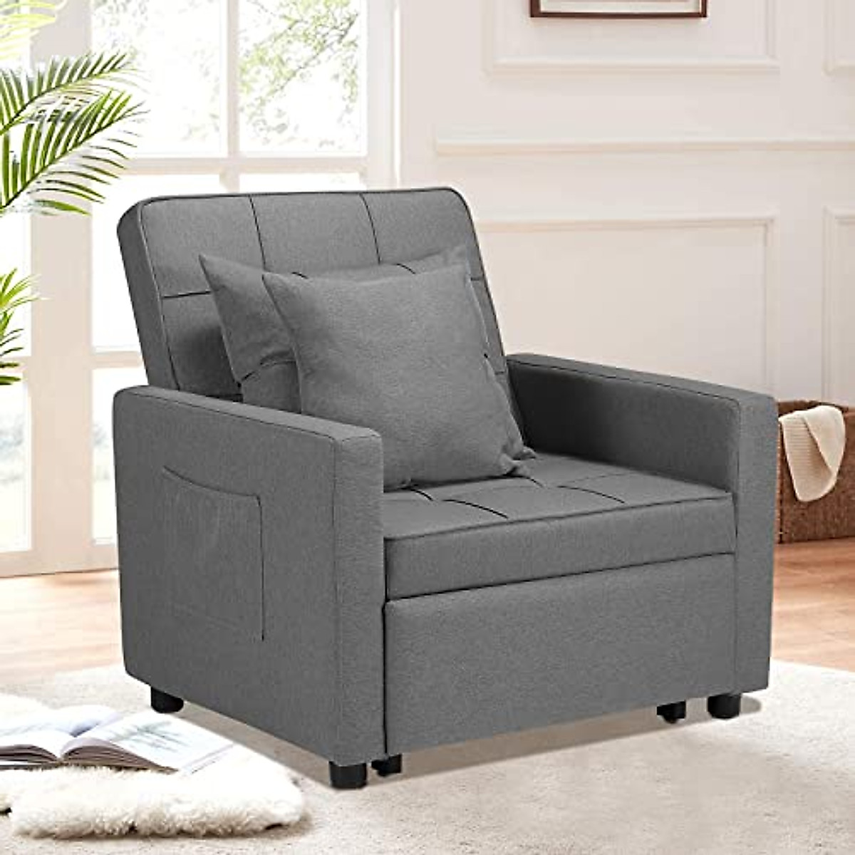 HOMEER Convertible Chair Bed, 3-in-1 Sleeper Chair Bed with Adjustable Backrest, Pull Out Folding Sofa Chair Bed, Modern Single Armchair Sofa Bed(Modern Grey)