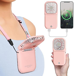 F-color Mini Fan Handheld Portable - 3 Speeds Personal Fan Rechargeable Handheld Fan, Folding Neck Fan for Summer Travel Beach Office College Outdoor Essentials for Women, Pink
