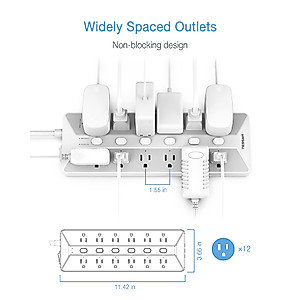 Power Strip with USB, Individual Switches, TESSAN 12 Outlets and 3 USB Ports, Long Extension Cord 6 Feet with Surge Protector for Home, Dorm and Office Accessories, 1700J Protection, Gray