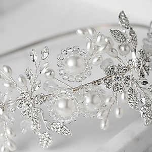 SWEETV Handmade Pearl Wedding Headbands for Women Silver Rhinestone Hair Band Bridal Headpieces for Bride Hair Jewelry Accessories