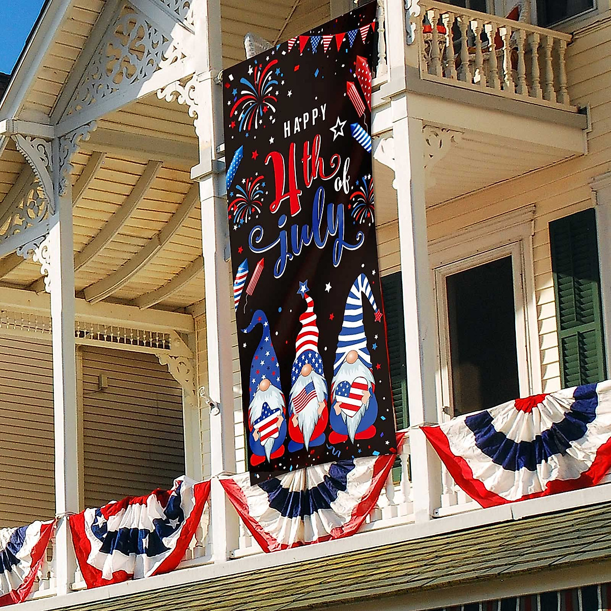 4th of July Banner Patriotic Decoration Independence Day Door Banner 4th of July Gnomes Door Cover America Strip Star Memorial Day Sign for Indoor Outdoor Party Supplies 71 x 35 Inches