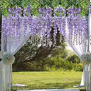 6 Pieces Wisteria Artificial Flower 45 inch Bushy Silk Vine Ratta Hanging Garland Hanging for Wedding Party Garden Outdoor Greenery Office Wall Decoration (Pruple Blue(6 pcs))