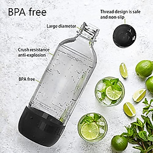 Thorder 1L Sparkling Water Maker Bottles, BPA-free, Reusable PET Soda Maker Bottles for Soda Machine (Black+White) Pack of 2