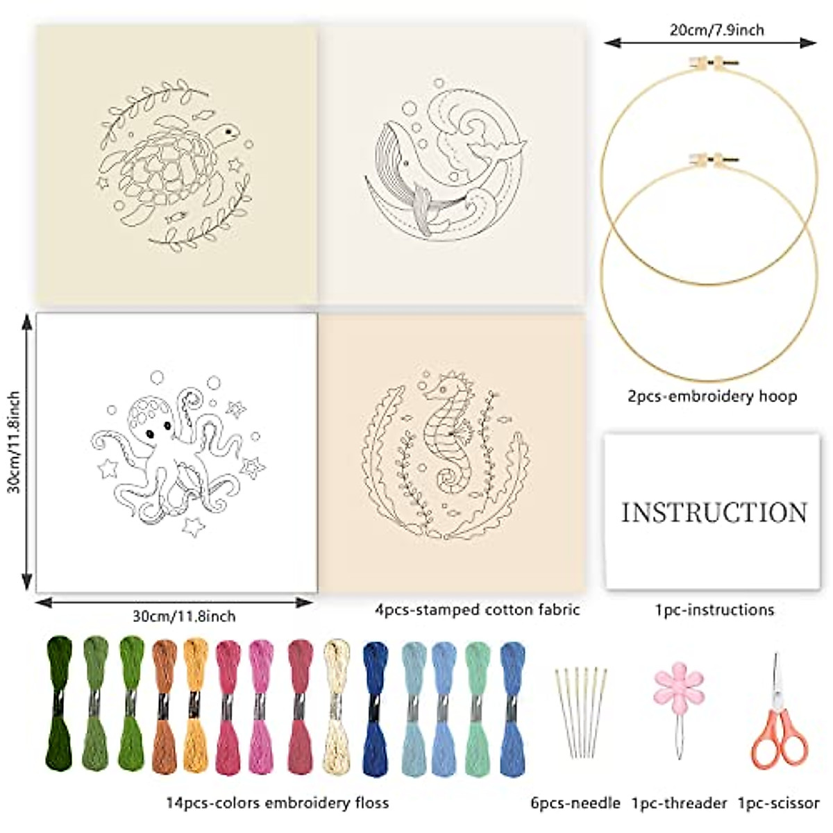 INFUNLY 4 Sets Embroidery Kit for Beginners with Sea Animals Pattern DIY Embroidery Kit for Adults Ocean Embroidery Art Kit Cross Stitch Kit for Adults with Plastic Embroidery Hoops Threads Needles